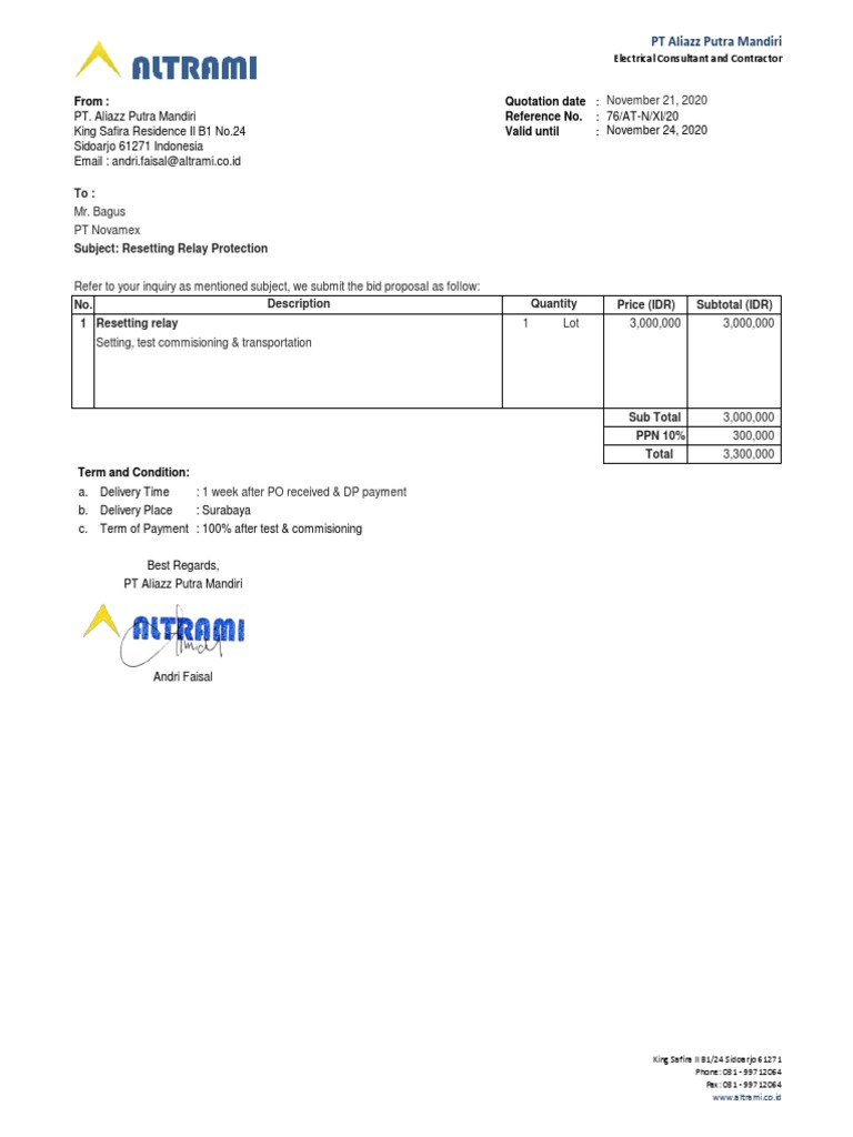 Quotation for Relay Protection Services | PDF