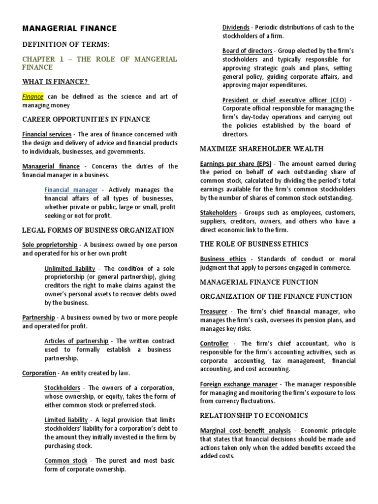 FM CHAPTER 1 Definition of Terms and Summary | PDF | Stocks | Partnership