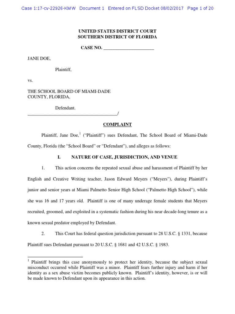 Jane Doe v. Miami-Dade School Board | PDF | Damages | Sexual Harassment