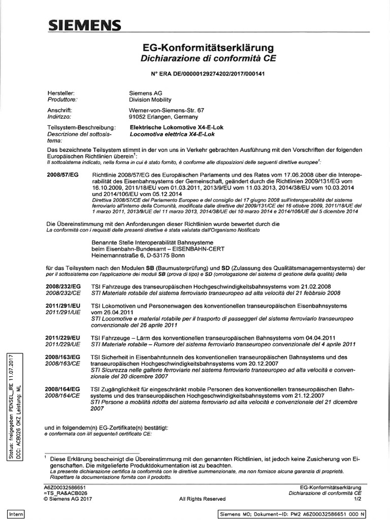 EG Konformitätserklärung - TSI - X4 E Lok | PDF
