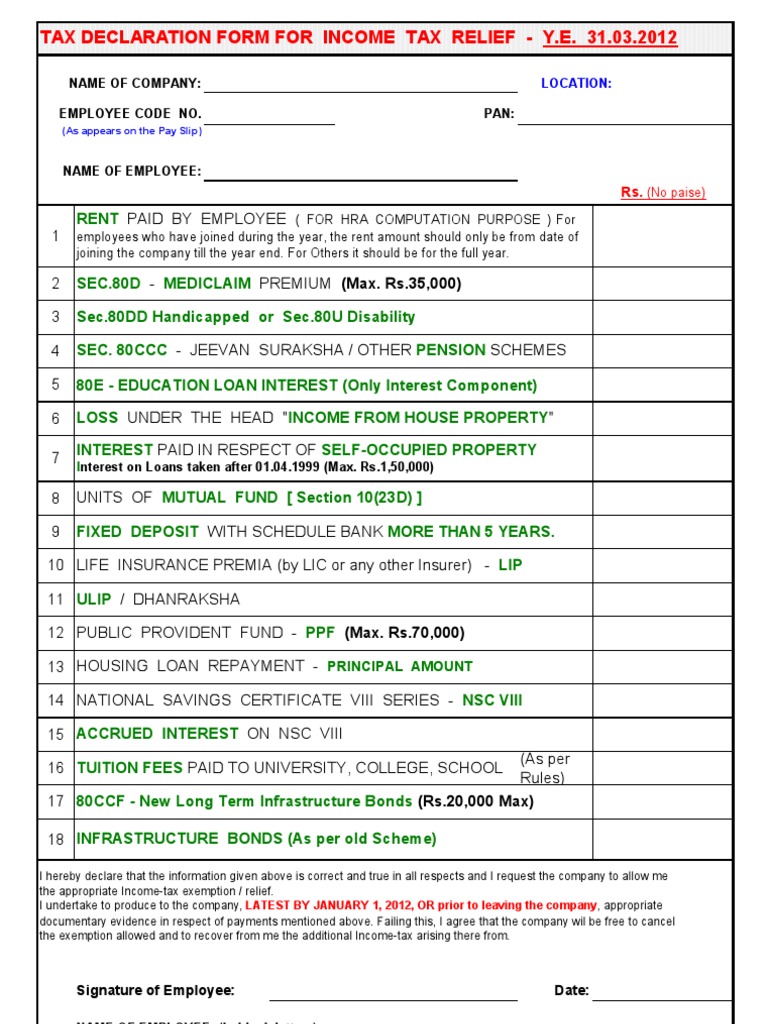 Income Tax Relief Declaration Form | PDF | Personal Finance | Payments