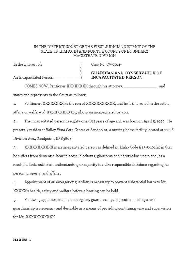 Guardian and Conservator of Incapacitated Person: Petition - 1 | PDF ...