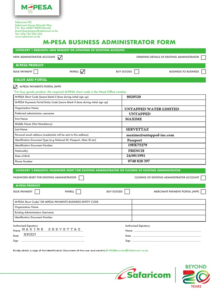 M-PESA Business Admininstator Form | Download Free PDF | Business