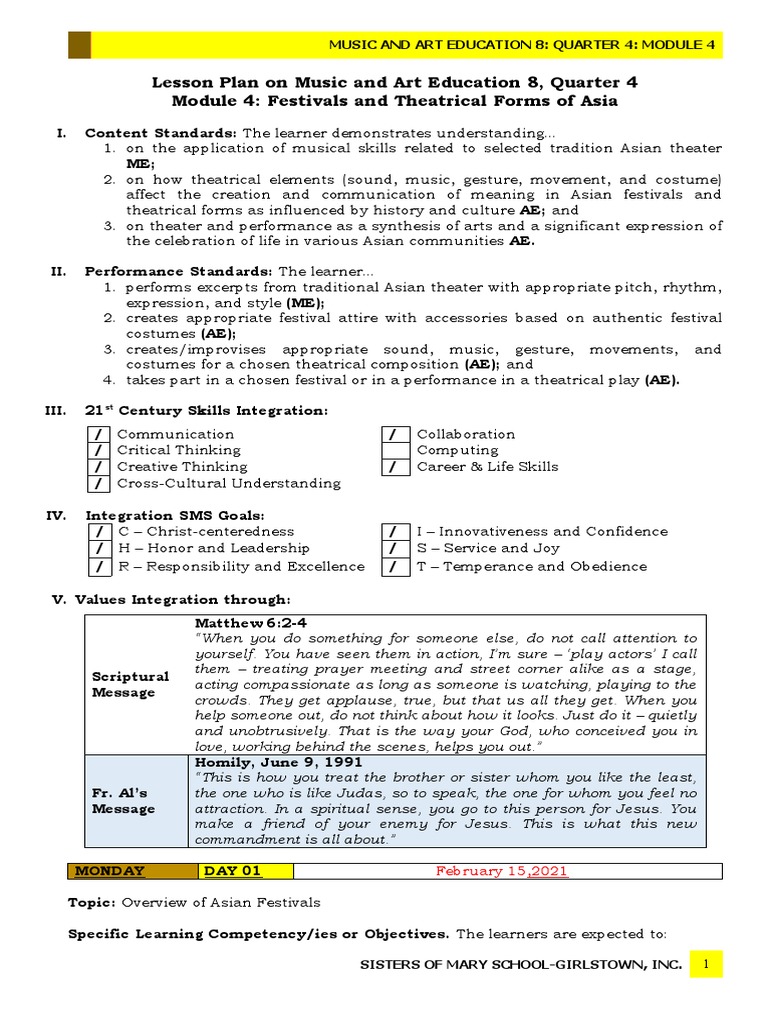 MUSIC and ARTS Q4 Day 1 - 10 | PDF | Critical Thinking | Creativity