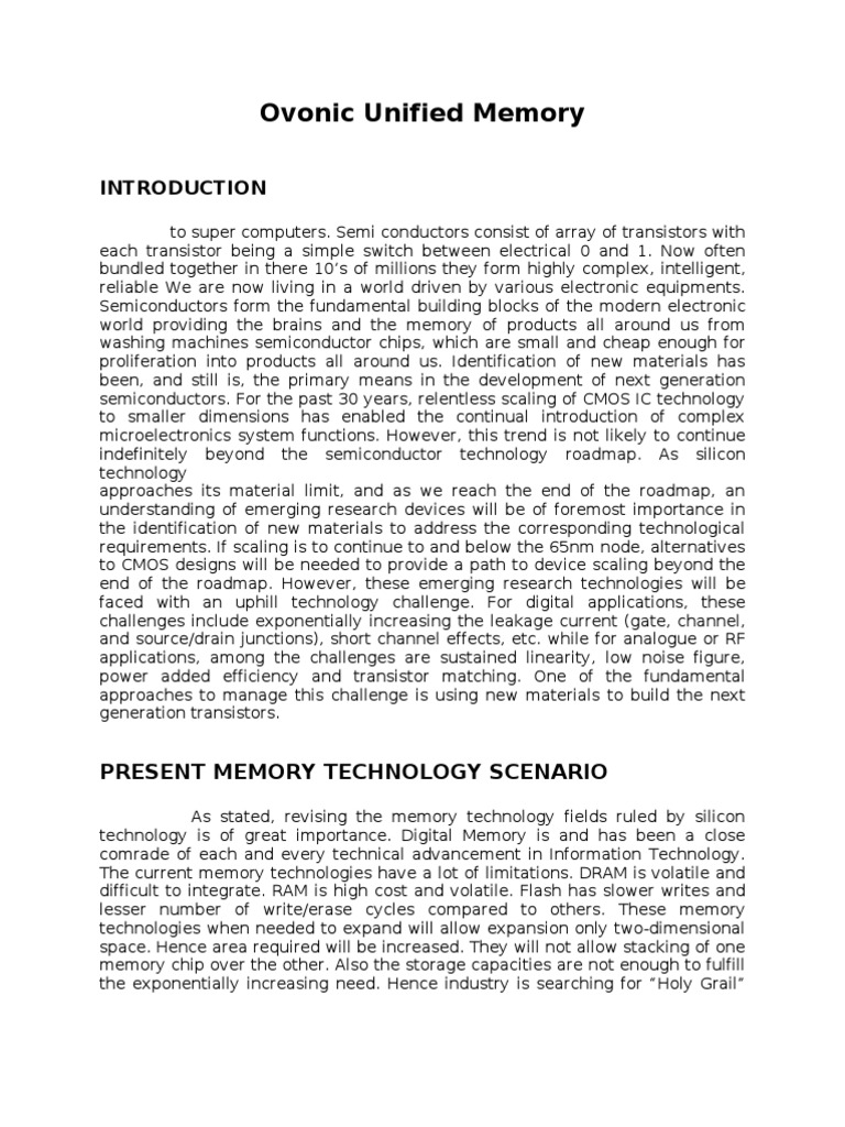 Ovonic Unified Memory: Present Memory Technology Scenario | PDF | Random Access Memory | Cmos