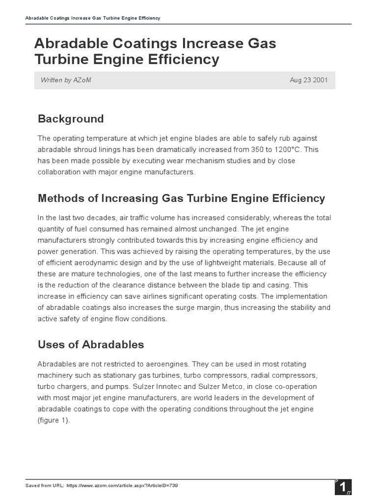 Abradable Coatings Increase Gas Turbine Engine Efficiency | PDF | Wear ...
