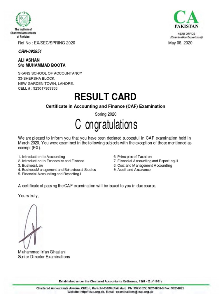 ICAP Result Card | PDF
