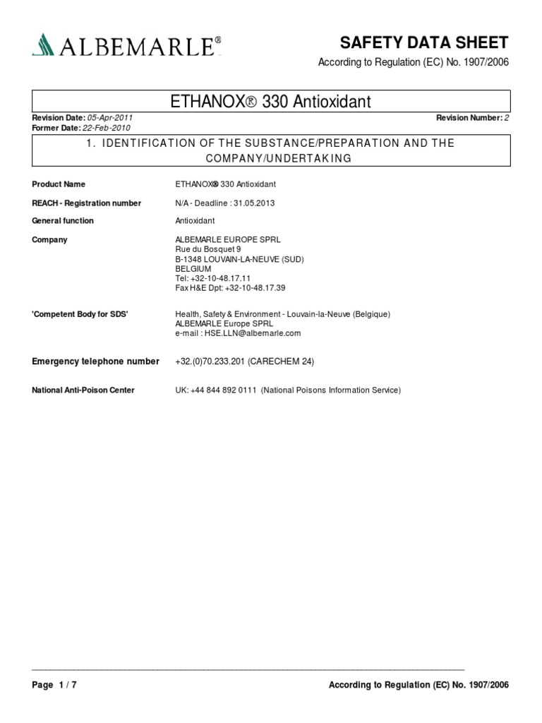 Ethanox 330 Antioxidant: Safety Data Sheet | PDF | Toxicity | Water