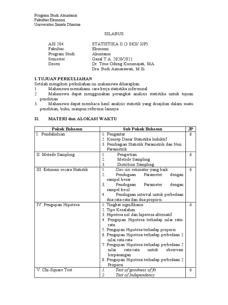 Silabus Statistik II Edisi Revisi Agustus 2020 | PDF | Komputer
