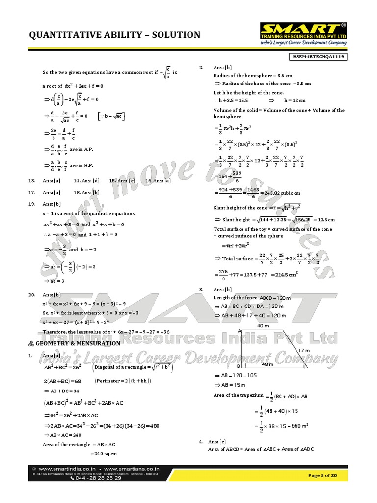 Quantitative Ability - Solution: Hsem4Btechqa1119 | PDF | Sphere | Circle
