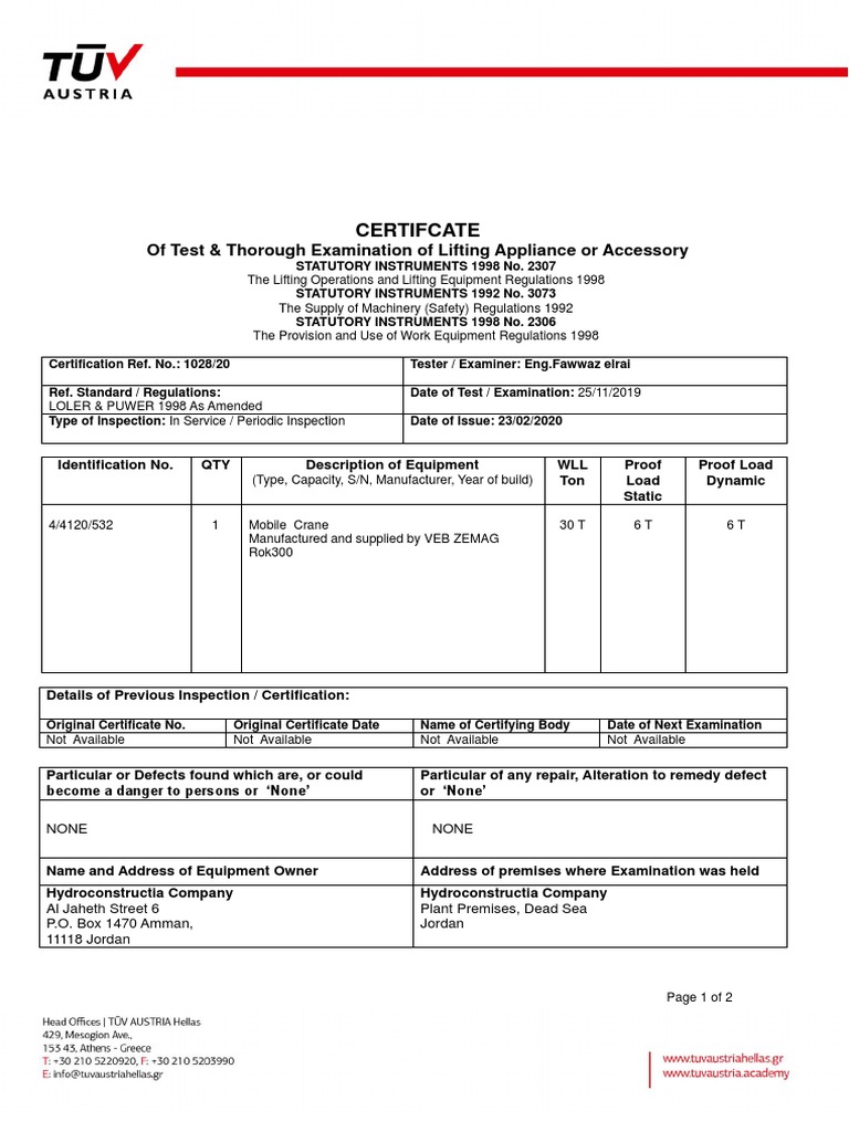 Certification of Thorough Examination and Testing of a Mobile Crane for ...