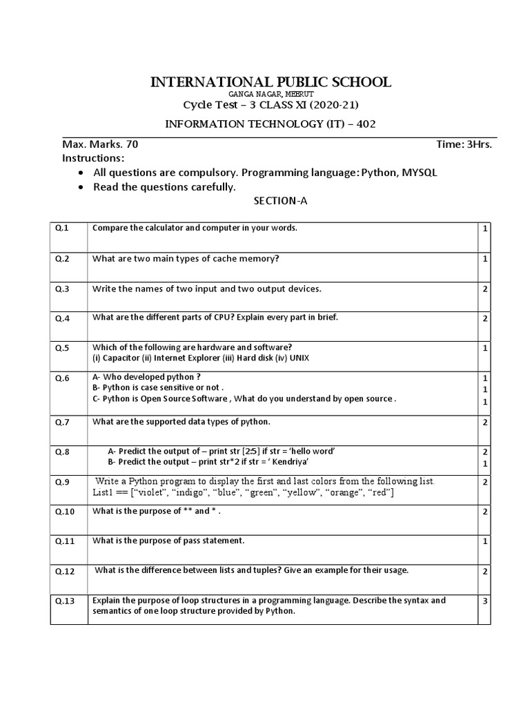 Annual Examination Class Xi 2020 21 Pdf Inputoutput Python