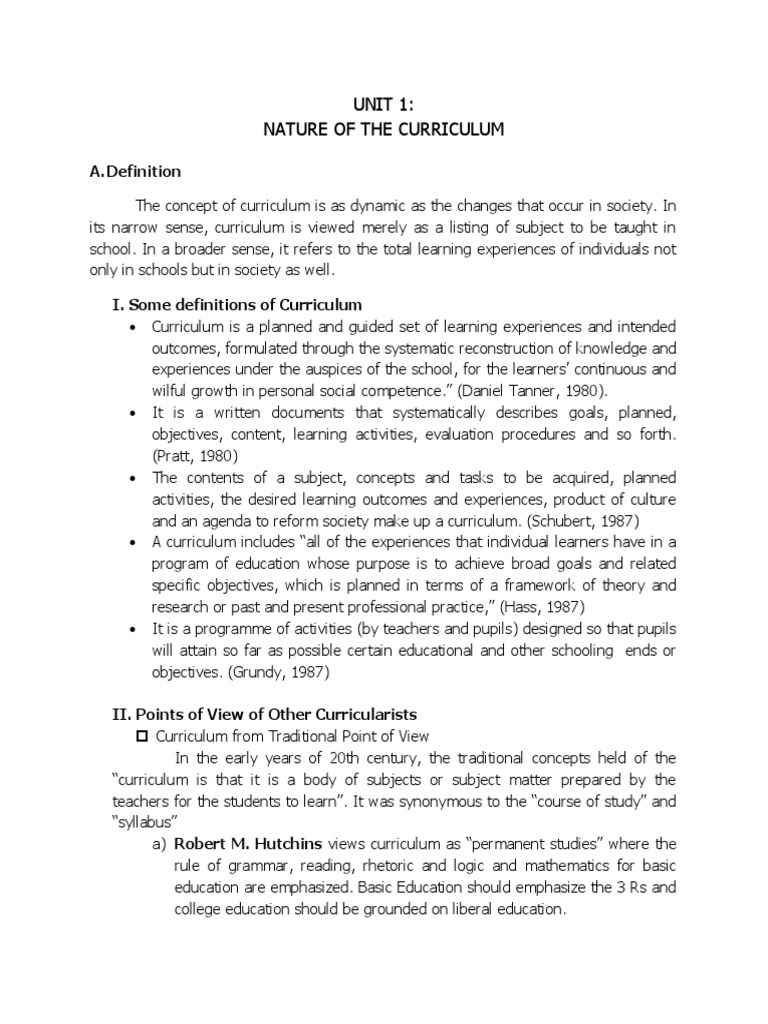 Unit 1: Nature of The Curriculum: A. Definition | PDF | Curriculum ...