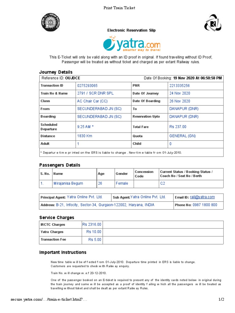 Journey Details: Electronic Reservation Slip | Download Free PDF ...
