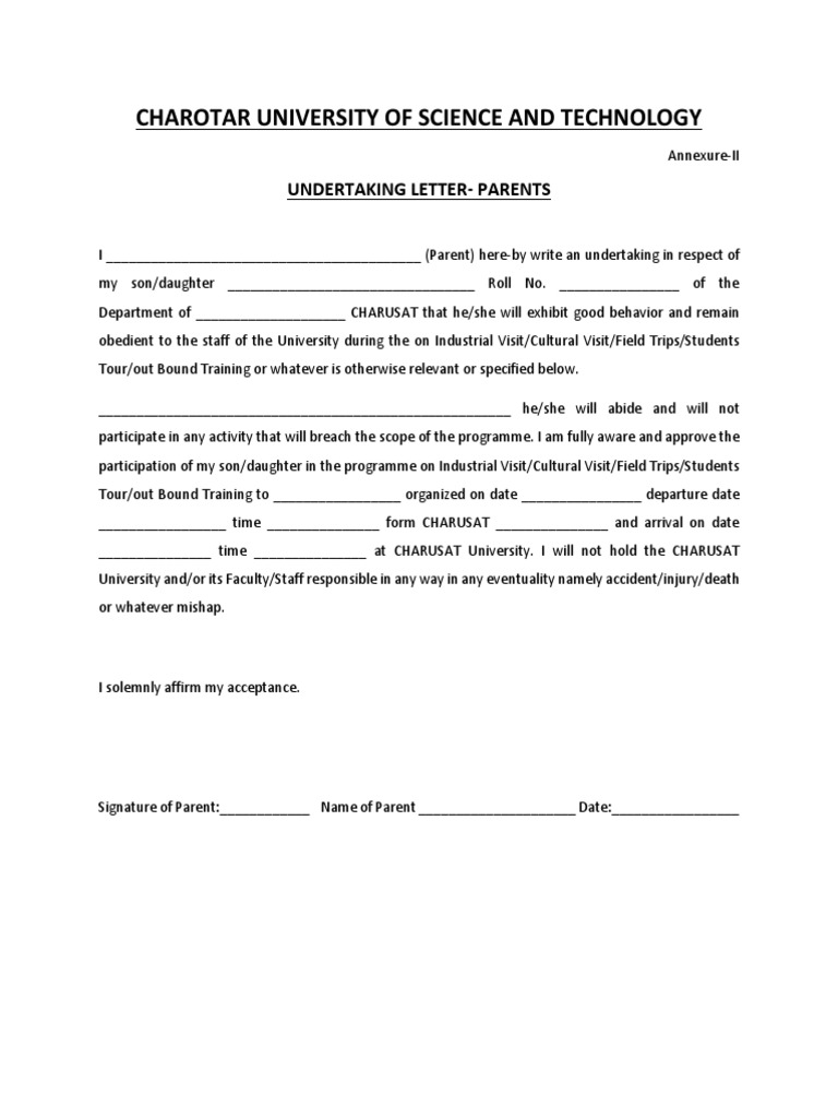 Annexure II - Undertaking Letter-Parents | PDF
