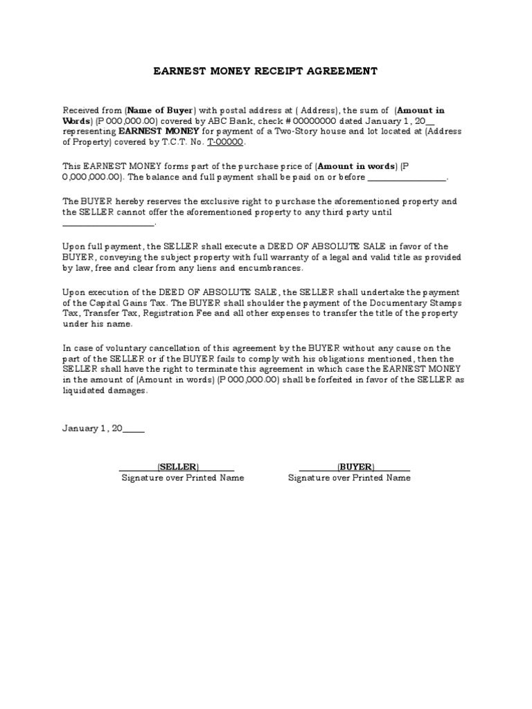Earnest Money Receipt Agreement: Words) (P 000,000.00) Covered by ABC ...