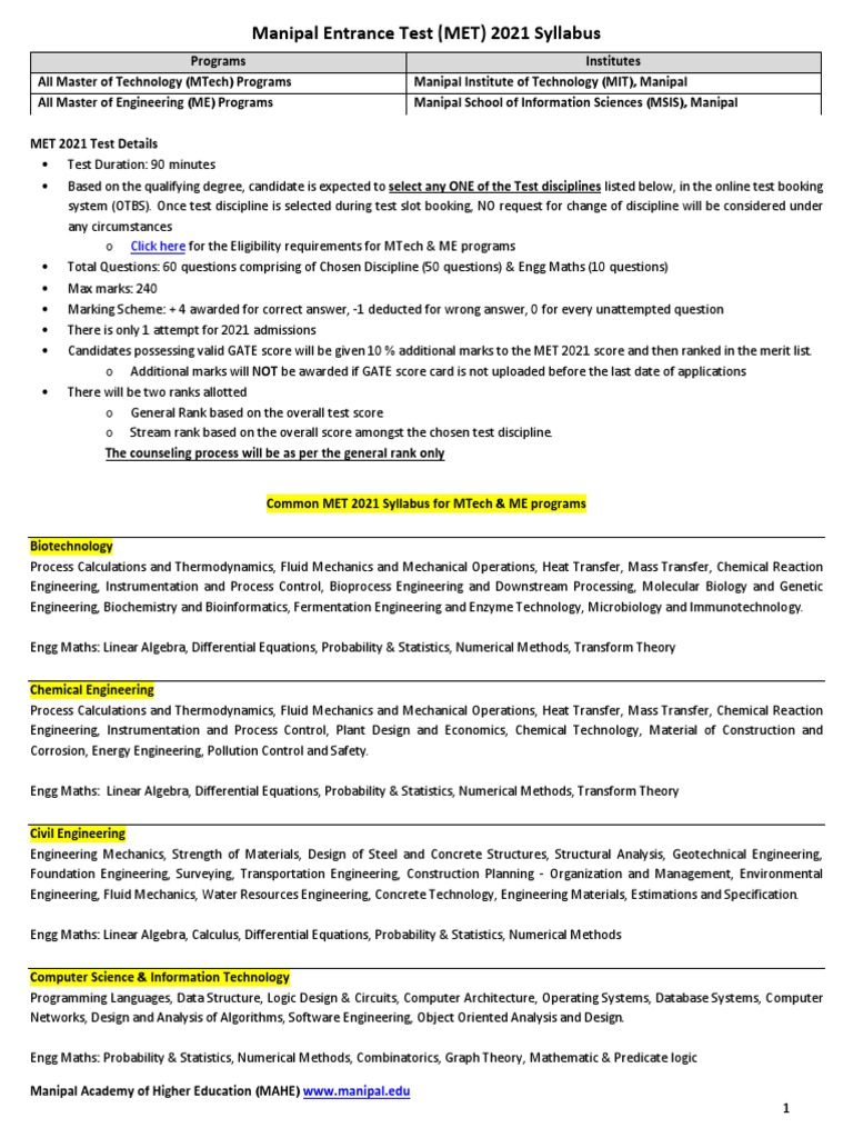 Manipal Entrance Test (MET) 2021 Syllabus: Click Here | PDF ...