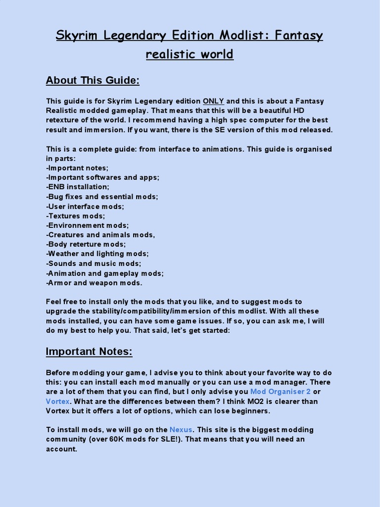 Skyrim Legendary Edition Modlist Fantasy Realistic World | PDF ...