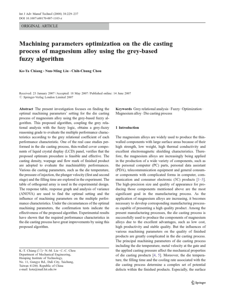 Machining Parameters Optimization On The Die Casting Process of Magnesium Alloy Using The Grey ...