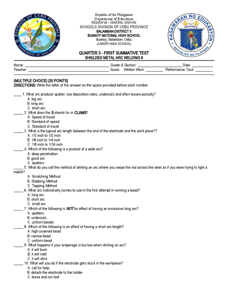 Shielded Metal Arc Welding Summative Test | PDF | Welding | Construction