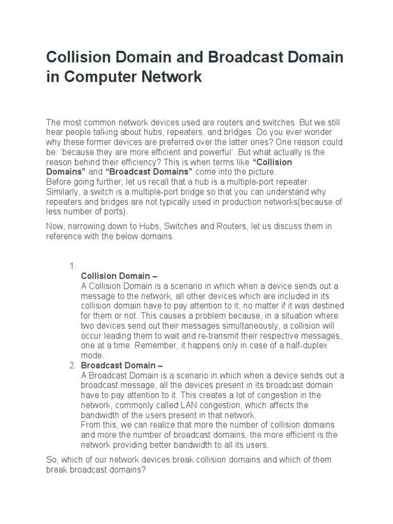 Collision Domain and Broadcast Domain in Computer Network | PDF | Network Switch | Computer Network