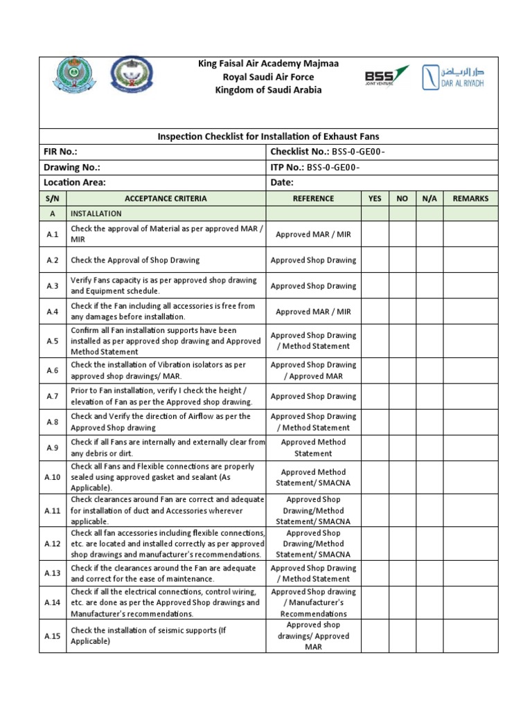 04 Inspection Checklist - Installation of Exhaust Fans | PDF | Duct ...