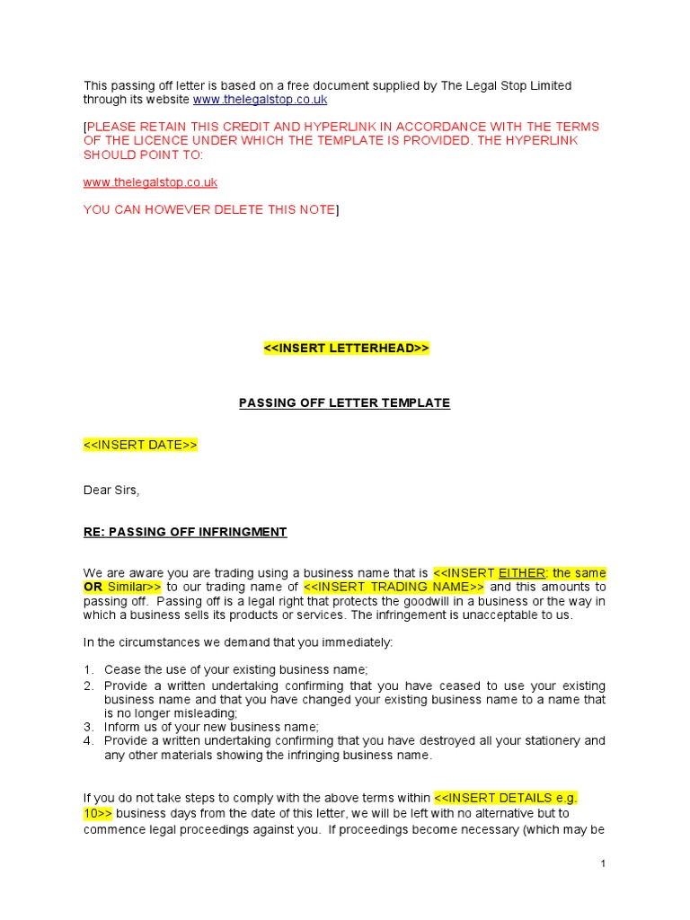 Passing Off Letter Template UK | PDF
