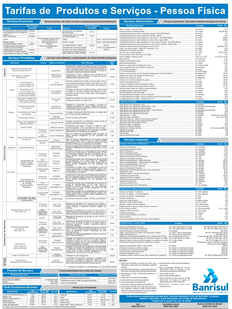 Banrisul Tabela Tarifas ProdutosServicosPF Vigencia18122008 vrs02 | PDF ...