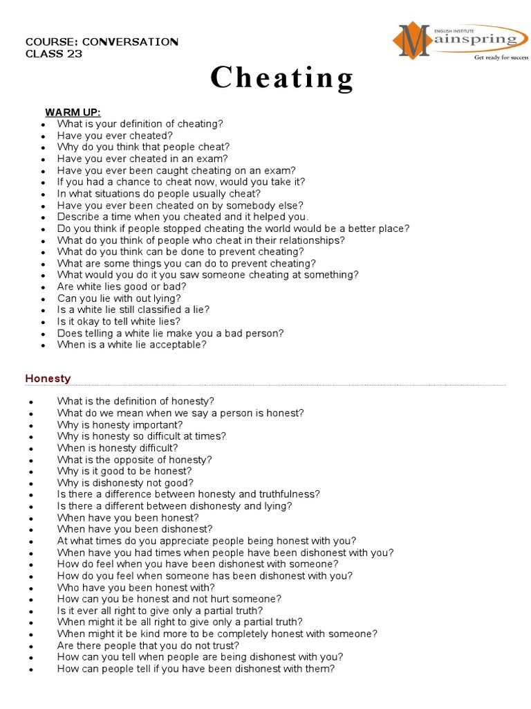 Cheating: Course: Conversation Class 23 | PDF | Dishonesty | Lie
