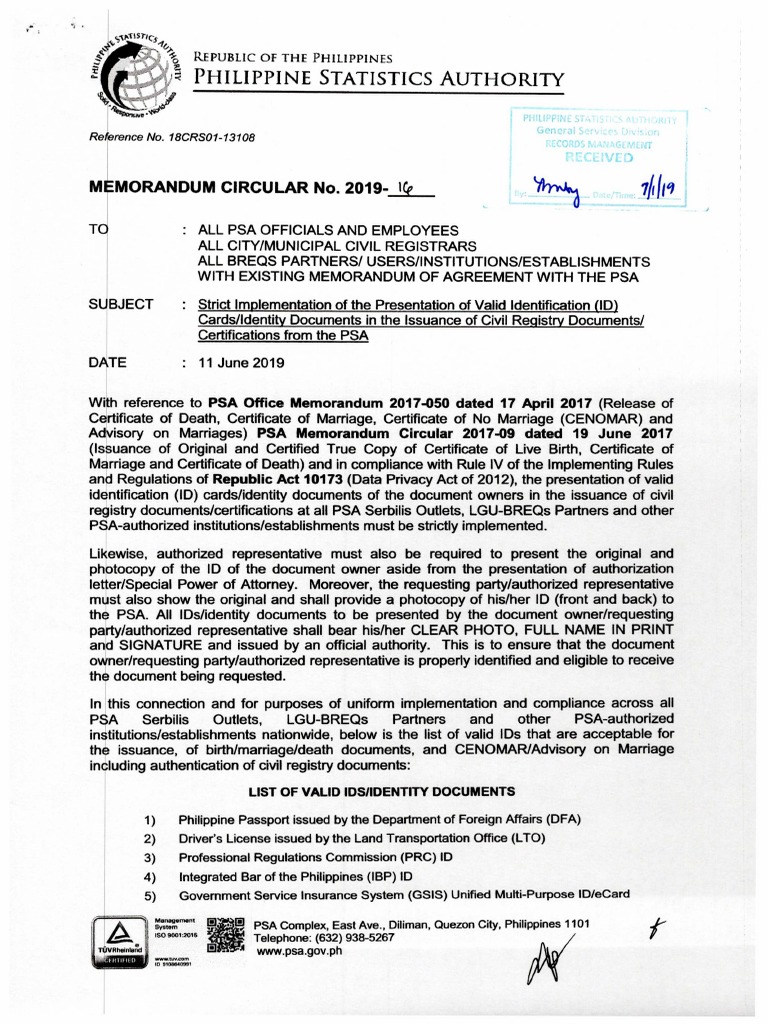 Valid IDs for PSA Document Issuance | PDF | Identity Document ...