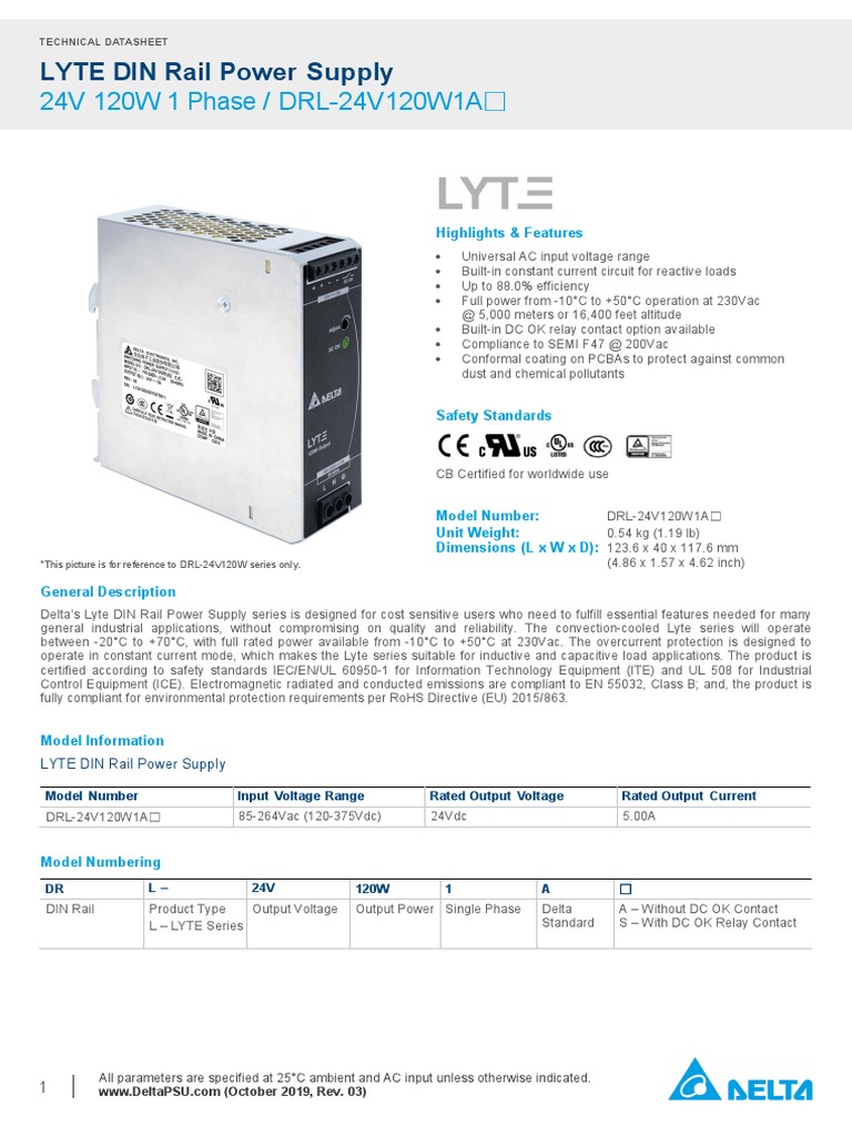 FICHA TECNICA - FUENTE DELTA - Datasheet - DRL-24V120W1AS | PDF | Power ...