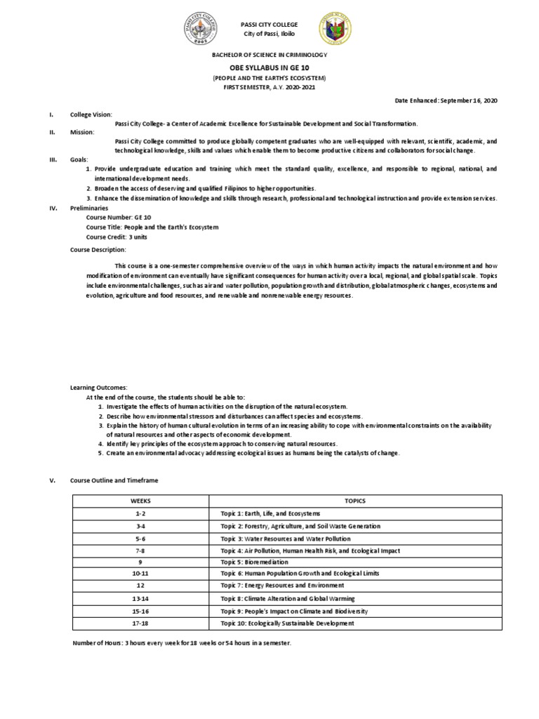 Obe Syllabus in People and The Earth's Ecosystem 1 | PDF | Multimedia ...