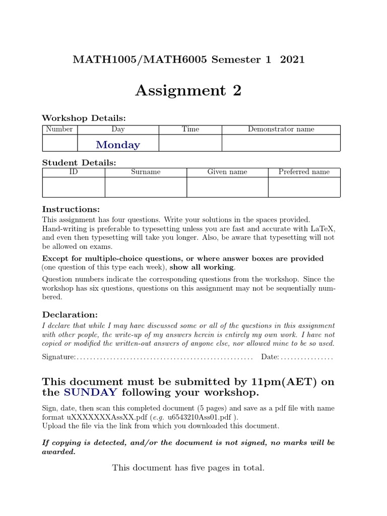 Assignment 2: MATH1005/MATH6005 Semester 1 2021 | PDF | Function (Mathematics) | Mathematical ...