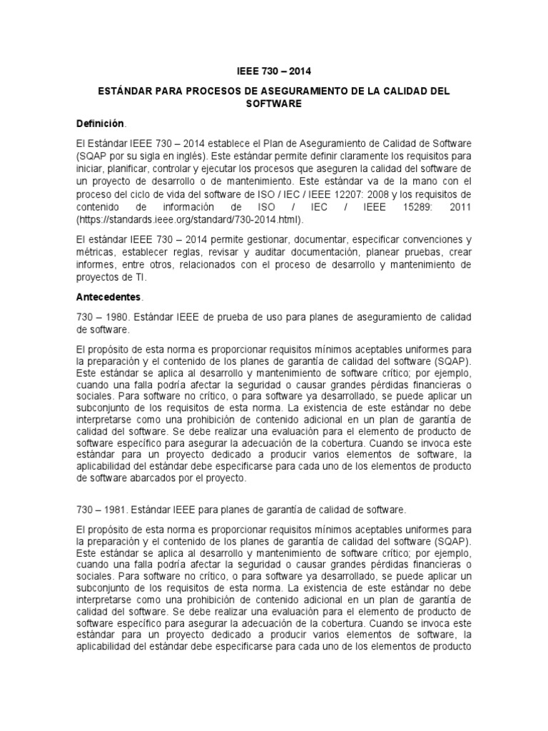 La evolución del estándar IEEE 730 para planes de garantía de calidad ...