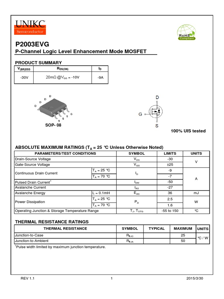 P2003EVG: P-Channel Logic Level Enhancement Mode MOSFET | PDF | Field Effect Transistor | Mosfet