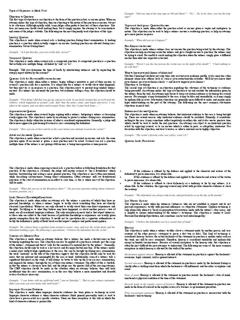 Types of Objections in Mock Trial | PDF | Hearsay | Testimony
