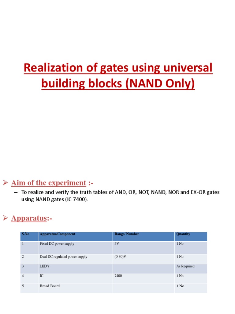 Realization of Gates Using Universal Building Blocks (NAND Only) | PDF ...