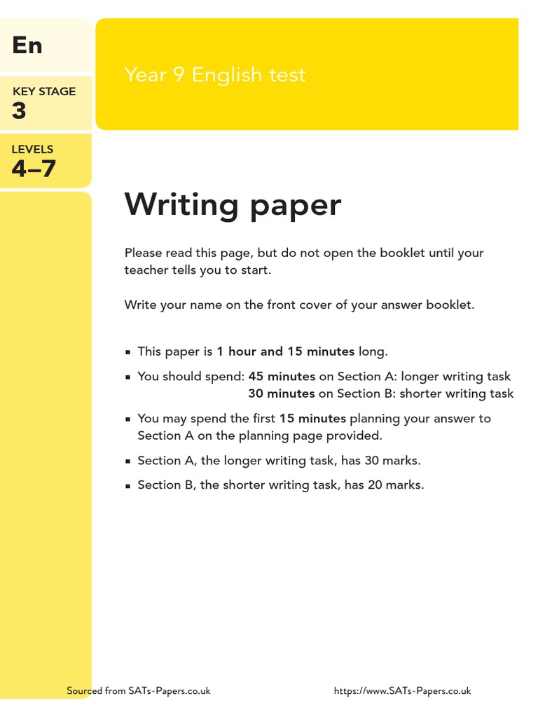 Writing Paper: Year 9 English Test | PDF