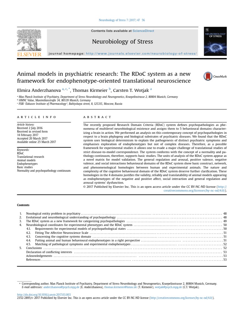 Animal Models in Psychiatric Research The RDoC System As A New | PDF ...
