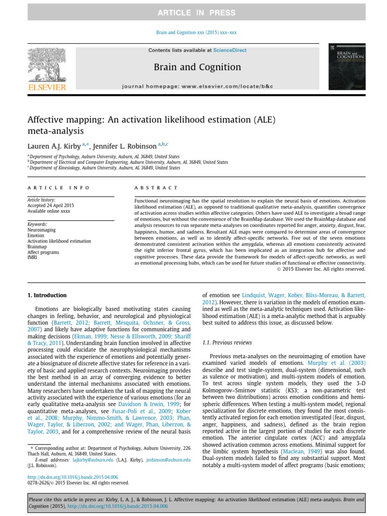 Affective Mapping An Activation Likelihood Estimation (ALE) Meta-Analysis | PDF | Cingulate ...