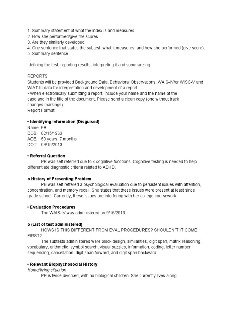 WAIS IV Report | PDF | Wechsler Adult Intelligence Scale | Educational ...