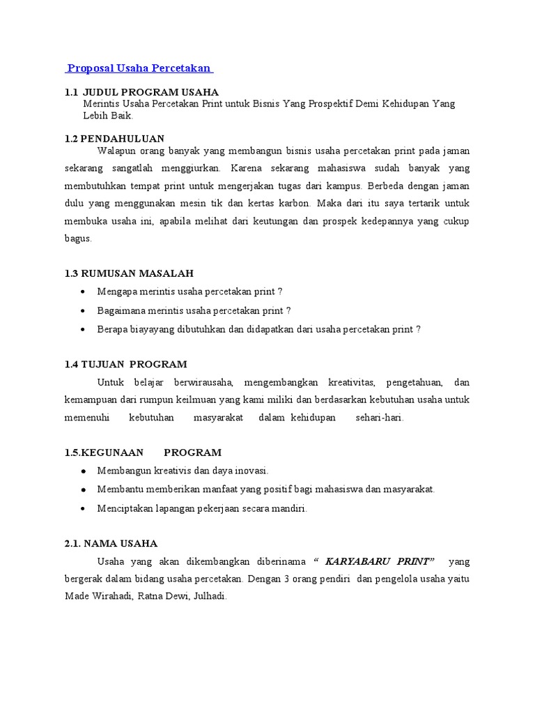 Proposal Usaha Percetakan KARYABARU | PDF