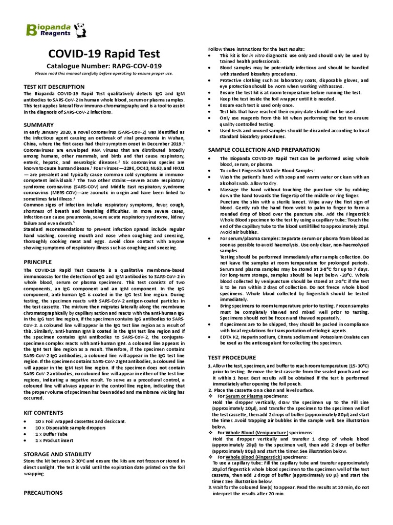COVID-19 Rapid Test: Catalogue Number: RAPG-COV-019 | PDF | Blood ...