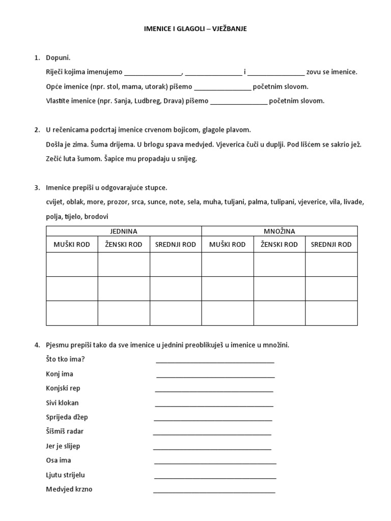 IMENICE I GLAGOLI - Vježbanje Za Ispit | PDF