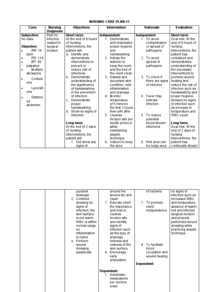 Nursing Care Plan #1 Cues Nursing Diagnosis Objectives Intervention ...