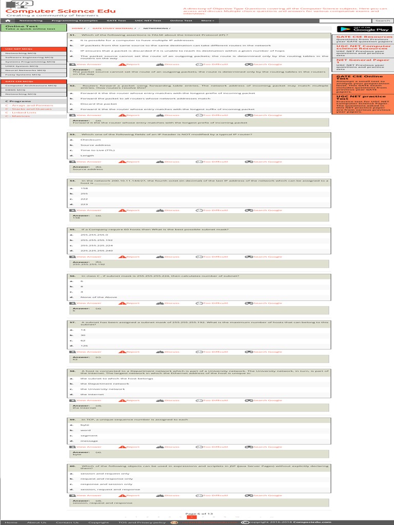 Networking Multiple Choice Questions and Answers-GATE Cse Question Paper6 | PDF | Router ...
