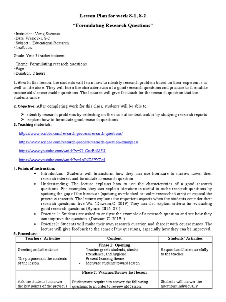 Lesson Plan For Week 8-1, 8-2 "Formulating Research Questions ...