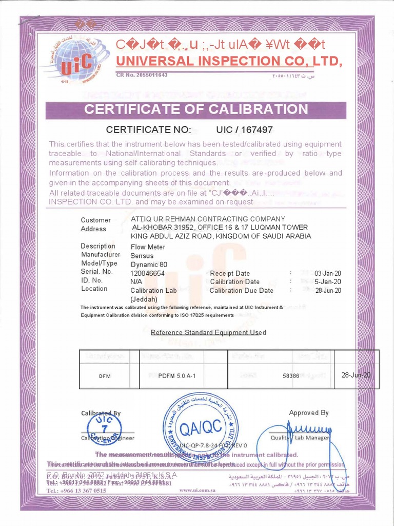 Certificate of Calibration: Universal Inspection Co, LTD | PDF ...