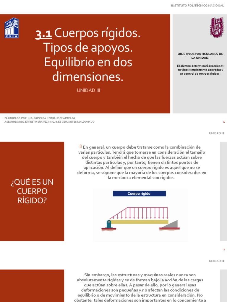 3.1 Cuerpos Rígidos. Tipos de Apoyos. Equilibrio en Dos Dimensiones ...