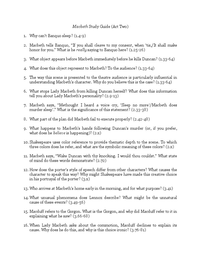 Macbeth Study Guide (Act Two) | PDF | Macbeth | Shakespearean Tragedies